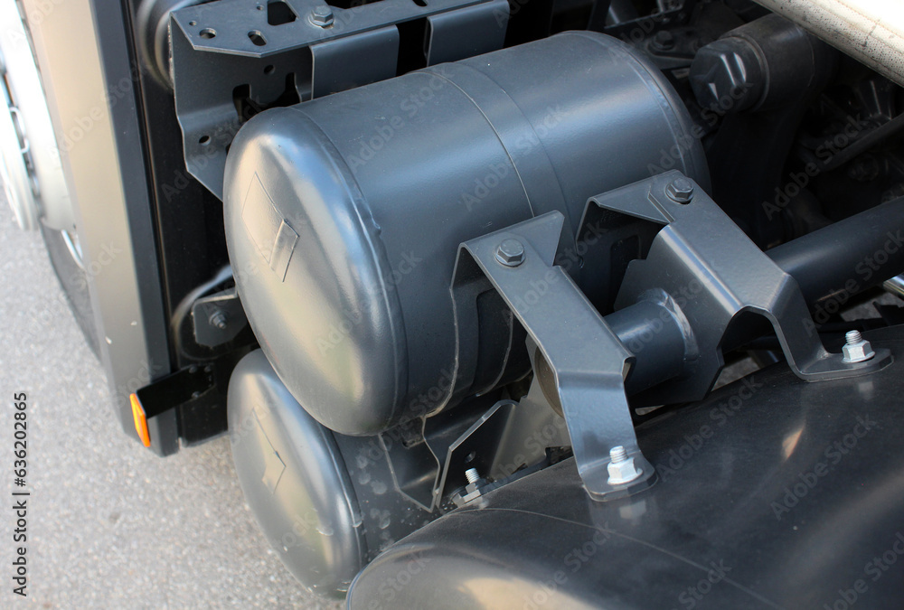 Air brake system of the truck. Heavy duty truck compressed air tanks ...