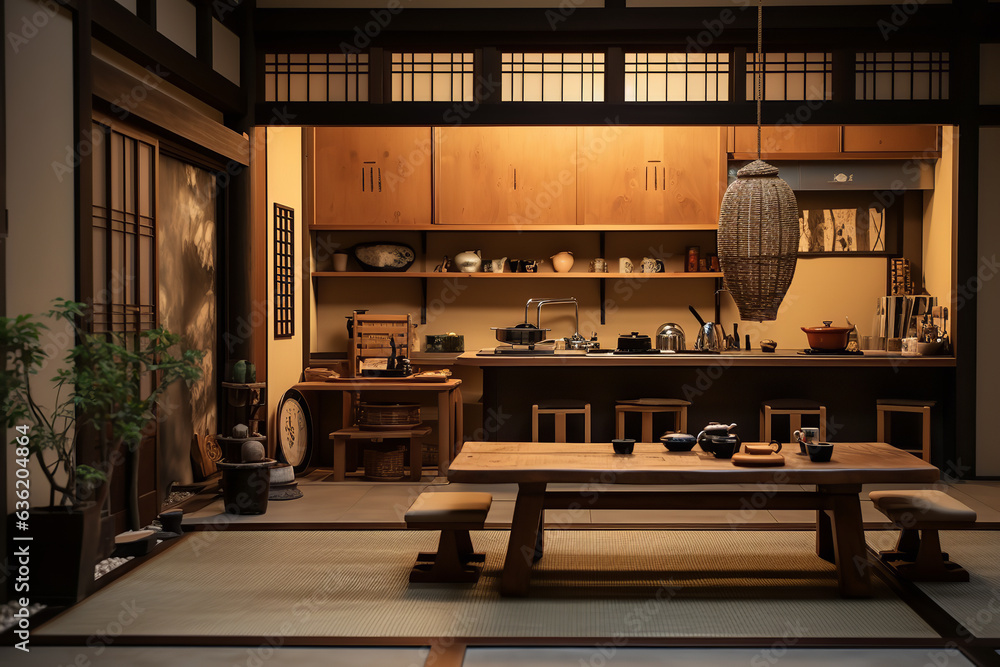 Authentic traditional Japanese kitchen setup, featuring tatami mats ...
