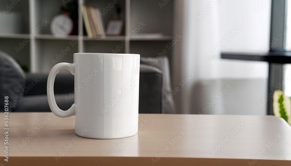 Mock up minimalist white ceramic mug in office, living room setting ...