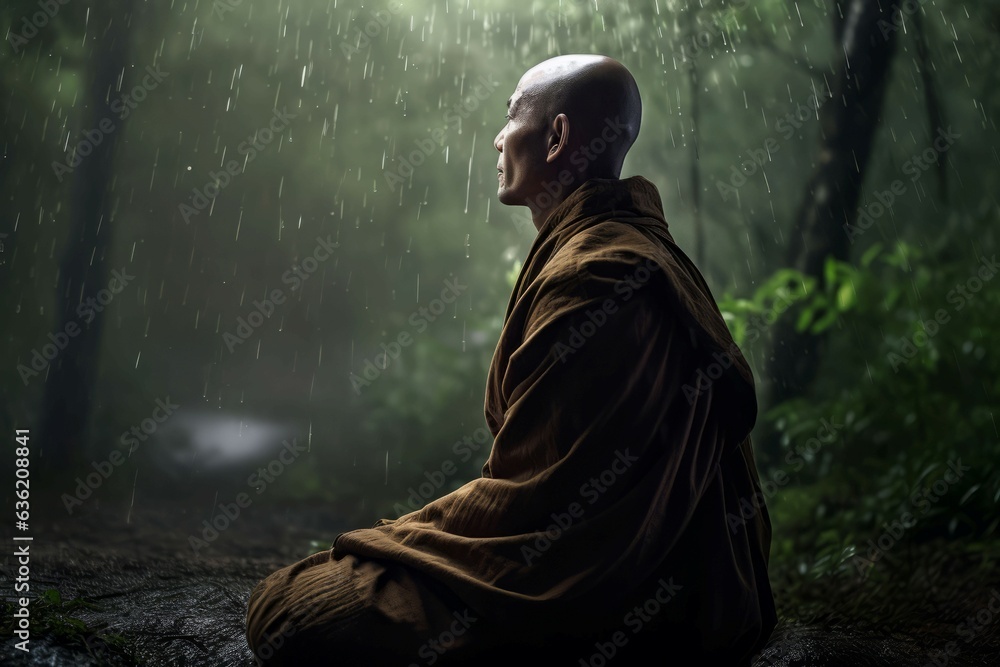 Monk meditation forest rain. Generate Ai Stock Photo | Adobe Stock