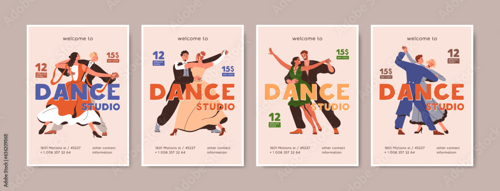 Partner dances, school and studio posters set. Couple dancers classes ...