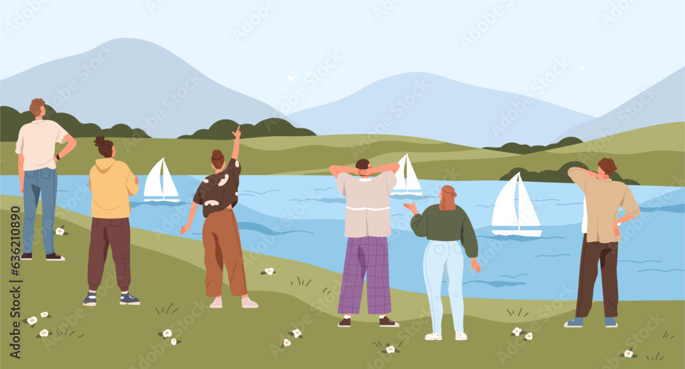 People watching sailboats floating on lake water. Men, women enjoying ...