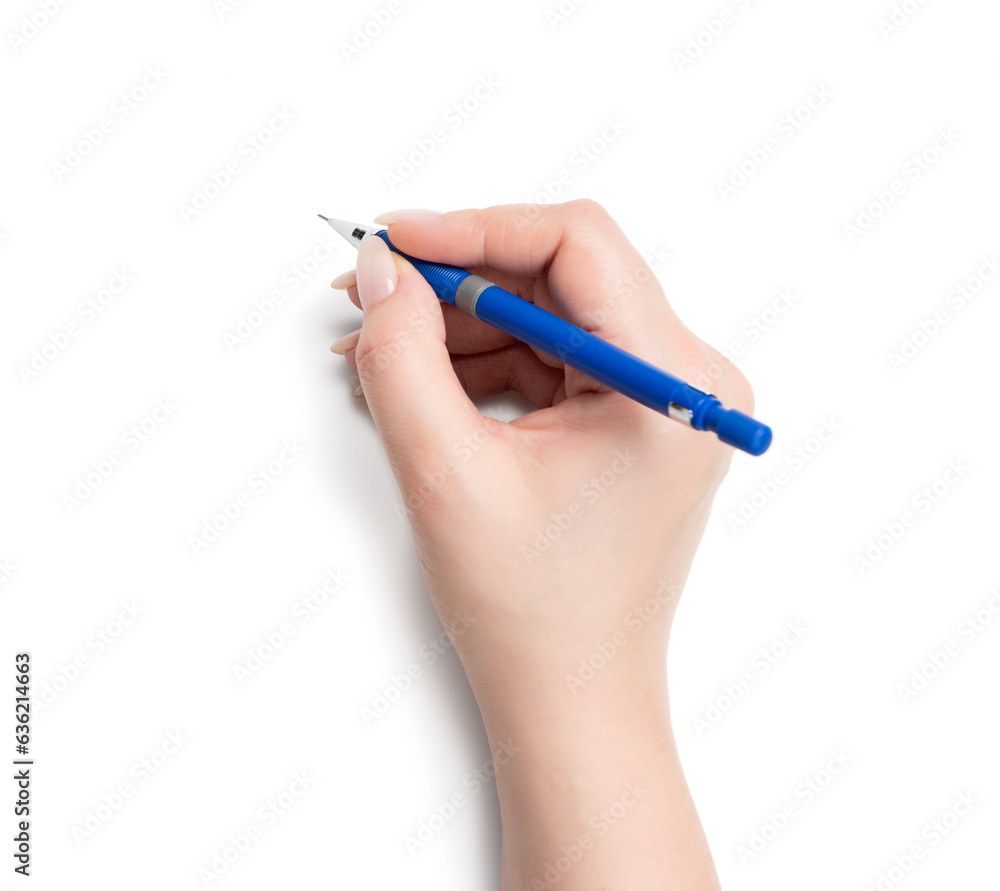 Female hand holding a blue pencil, isolated on a transparent background ...