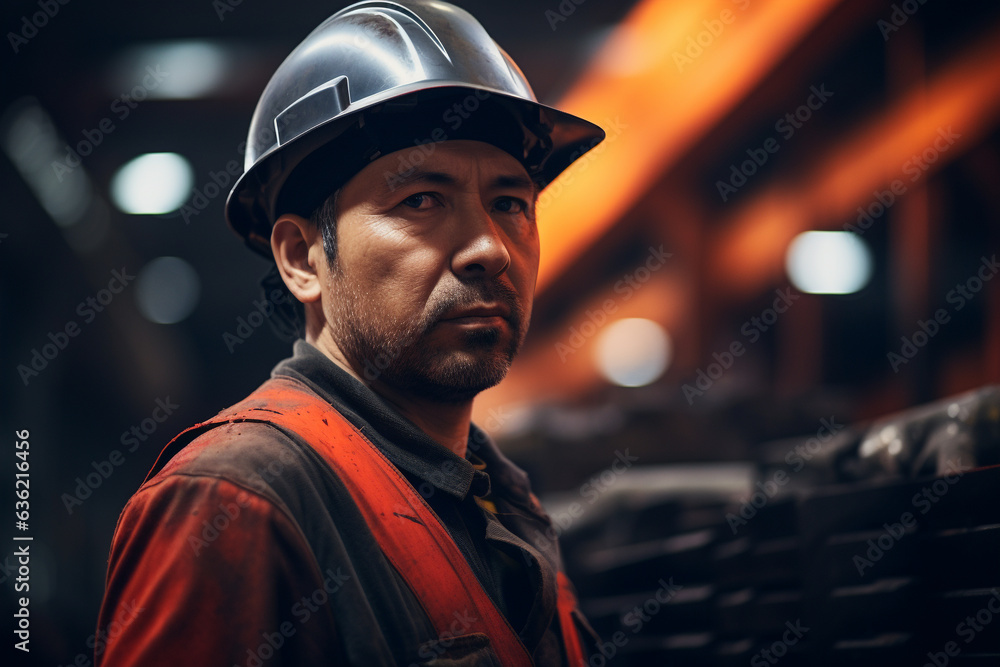 heavy worker is seen in a steel-making factory, surrounded by the ...