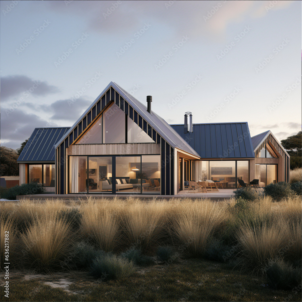 Metal sheet gable roof house with timber cladding and twin adjoining ...