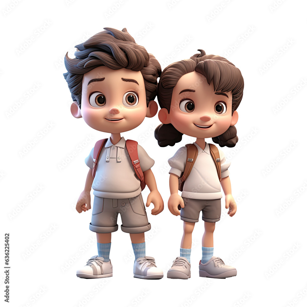 3D cartoon happy boy and girl character on transparent background ...
