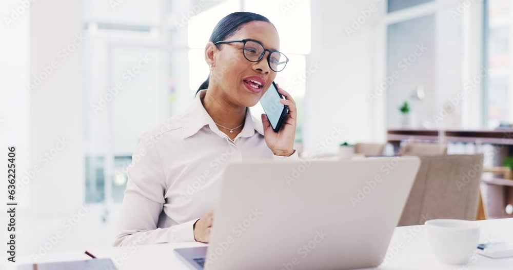 Phone call, laptop and smile with a business woman at work in her ...