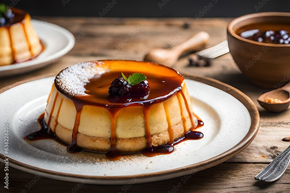 Flan dessert with caramel on a neutral background created by AI Stock ...