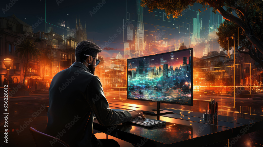 An image of a futuristic businessman working on coding and software ...