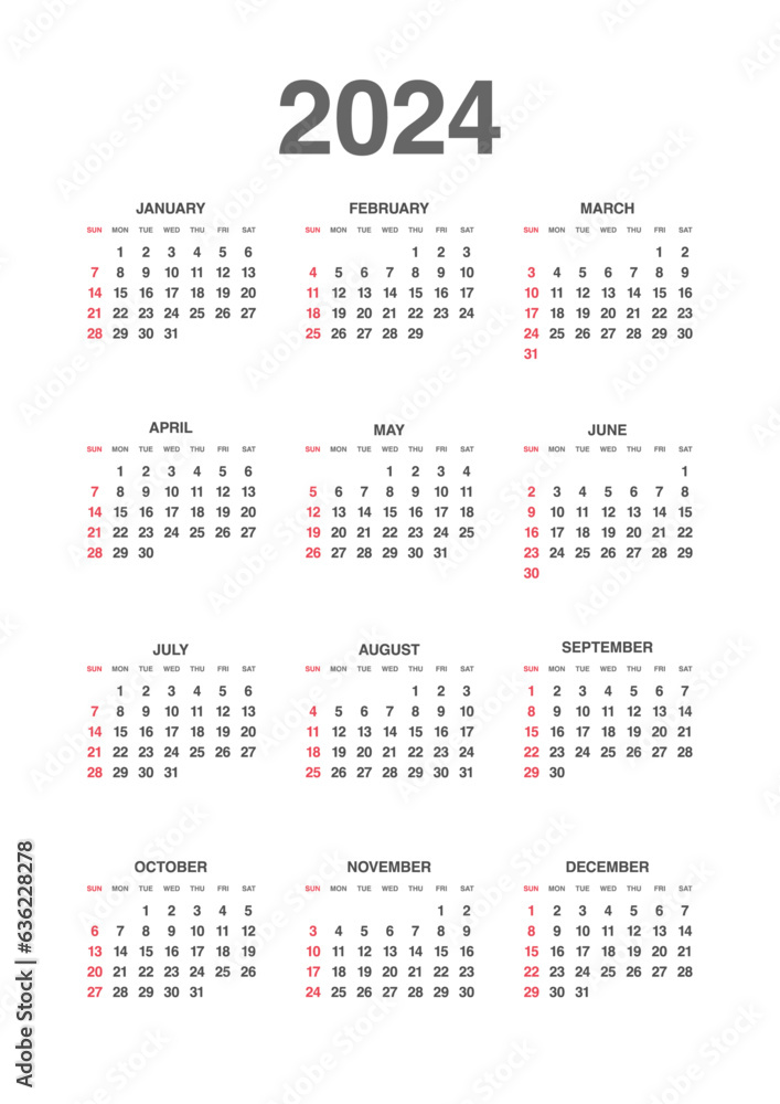 Annual calendar for 2024 with a simple design vertical layout Stock ...