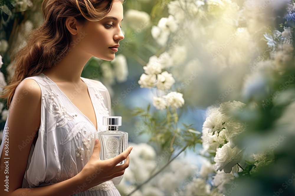 Fotka „model elegantly posing with a blank-labeled perfume bottle ...