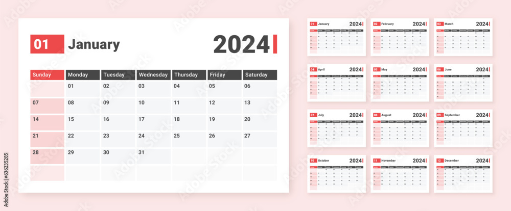 Monthly calendar template design for 2024 year. Week Starts on Sunday ...