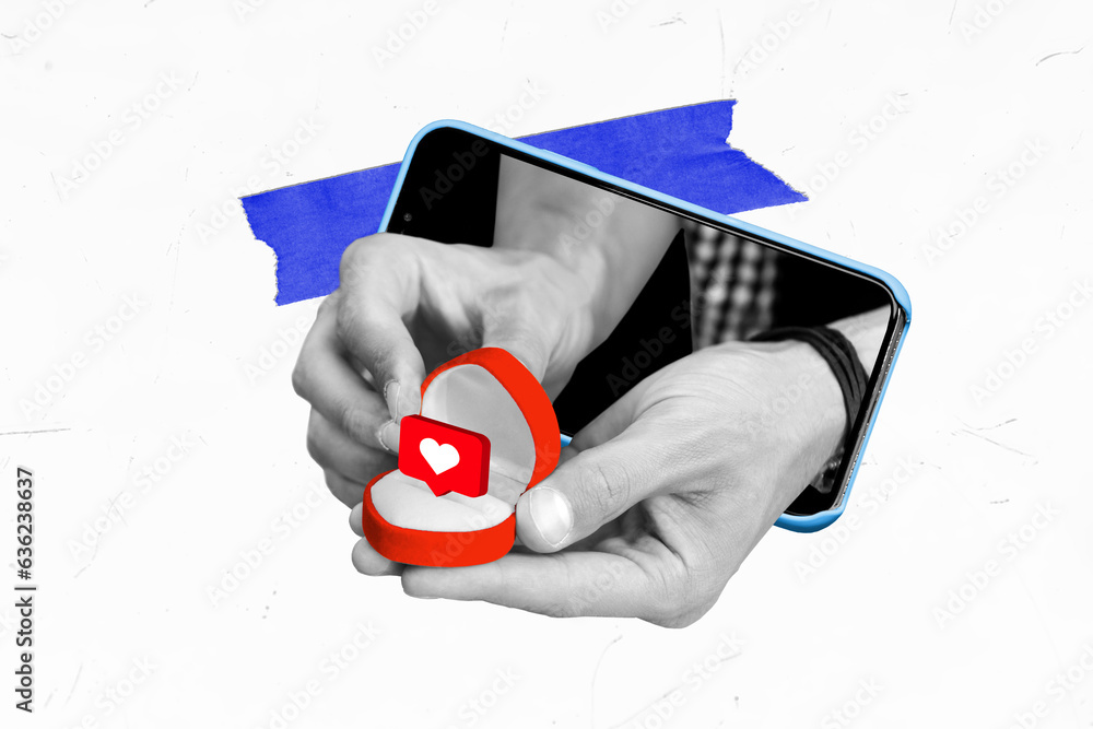 Collage creative 3d picture of human arm make marriage proposal online ...