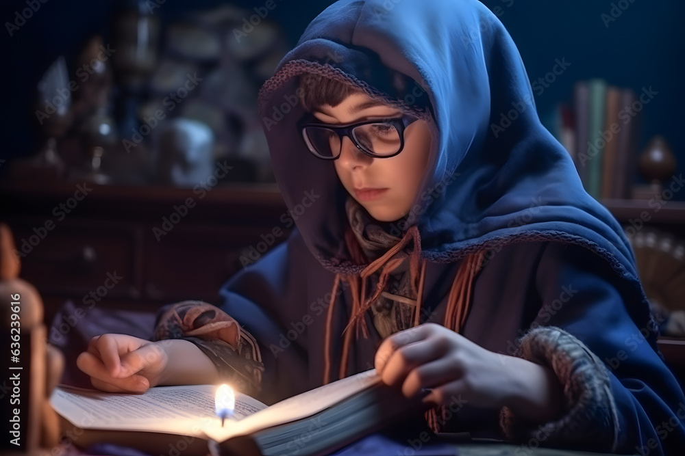 A cute kid dressed as a wizard reading a spellbook and weaving magic ...
