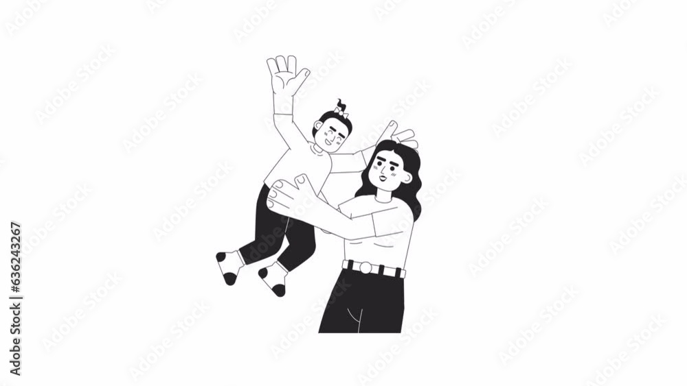 Smiling mother tossing baby girl in air bw 2D characters animation. Fun ...