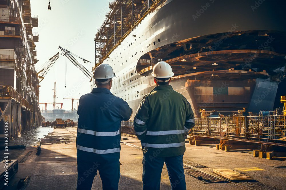 Big ship under construction in shipyard with shipyard workers around ...