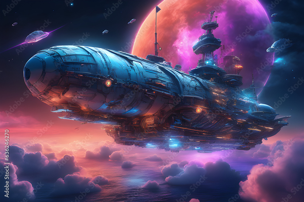 Sci-fi futuristic wallpaper. Landing of a huge spaceship on the base at night. Dramatic and ...