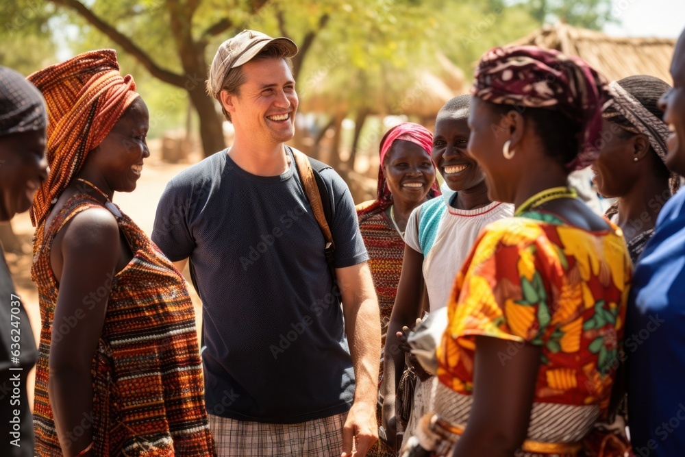 Travelers engaging with locals at an African village cultural event ...