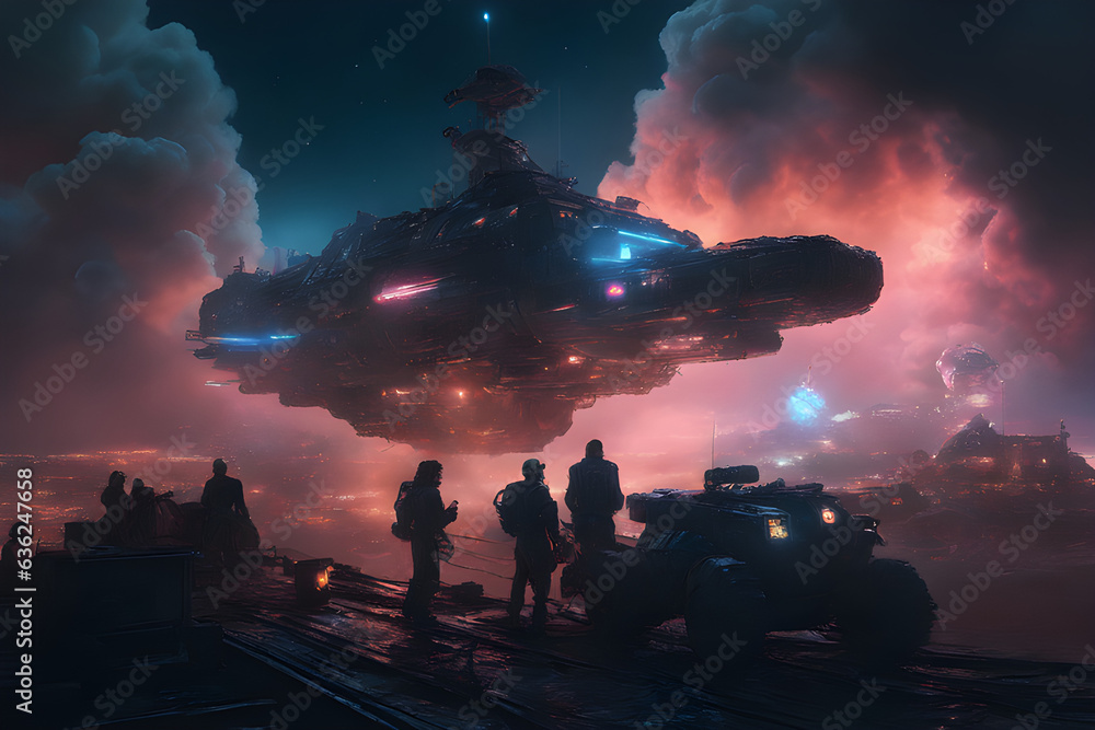 Sci-fi futuristic wallpaper. Landing of a huge spaceship on the base at ...