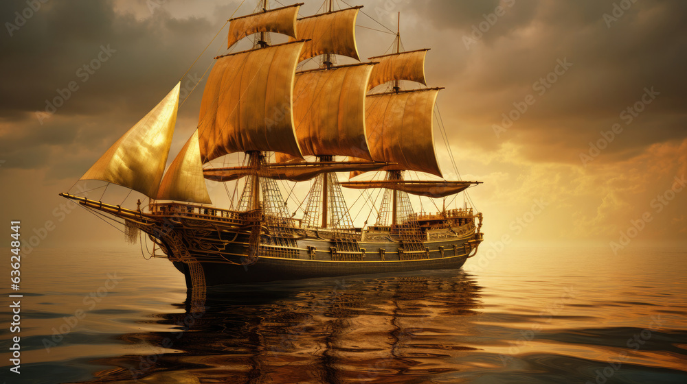 Golden barque ship with square sails on luxury abstract wave art ...