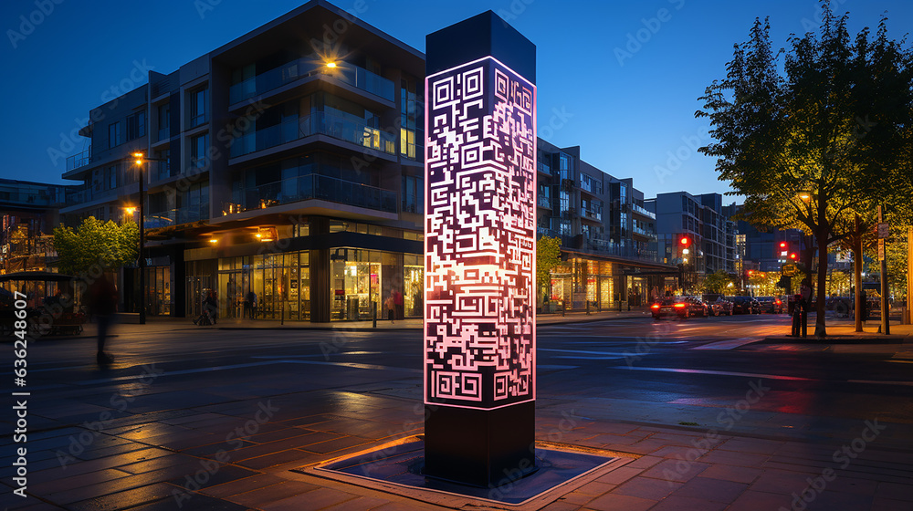Urban backdrop with radiant QR code, the intersection of curiosity and ...