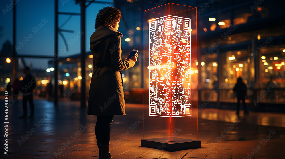 Illuminated QR code in urban dusk, allure of digital innovation beckoning the curious ...