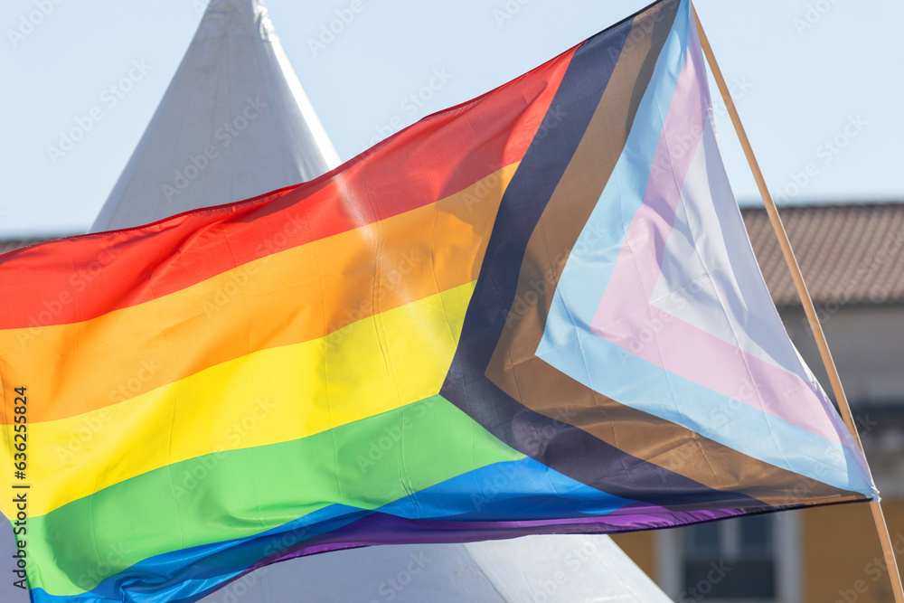 LGBT progress pride flag waving in the wind Stock Photo | Adobe Stock