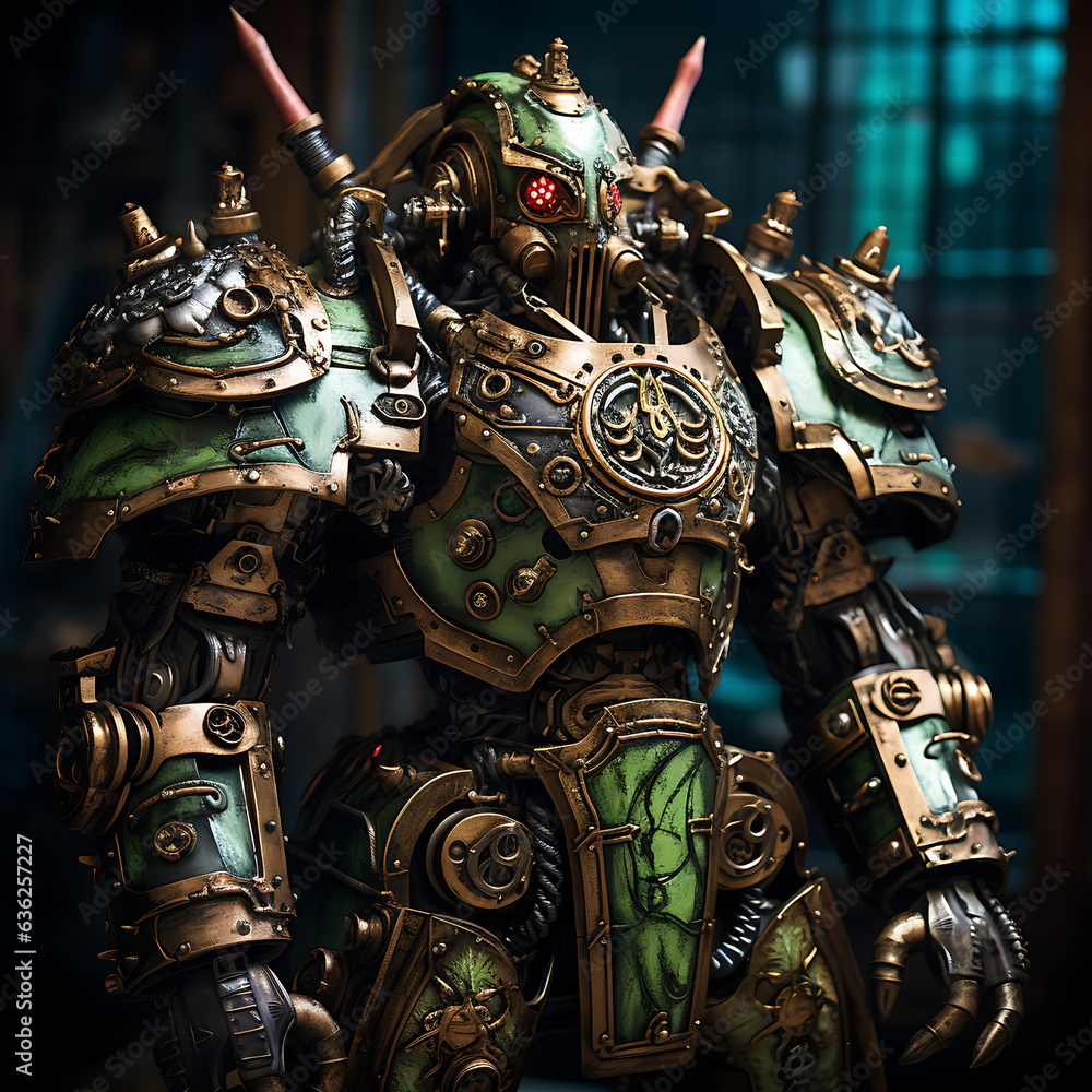 the battle mech suit of armor of a goblin armorer artificer. It is made ...