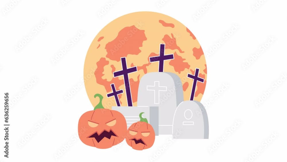 Tombstones pumpkins with glowing moon 2D animation. Graveyard spooky ...