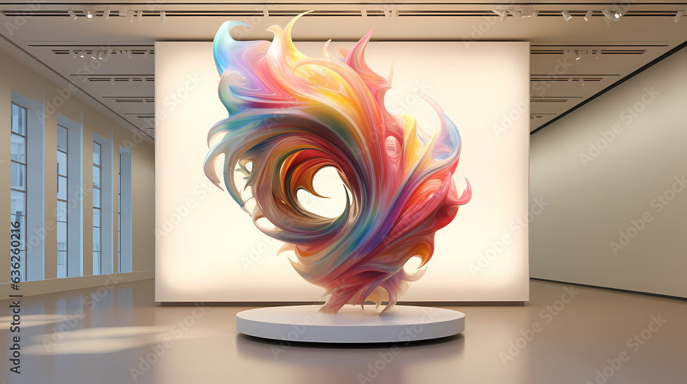 Digital pixel whirl transforming into a 3D sculpture within a gallery ...