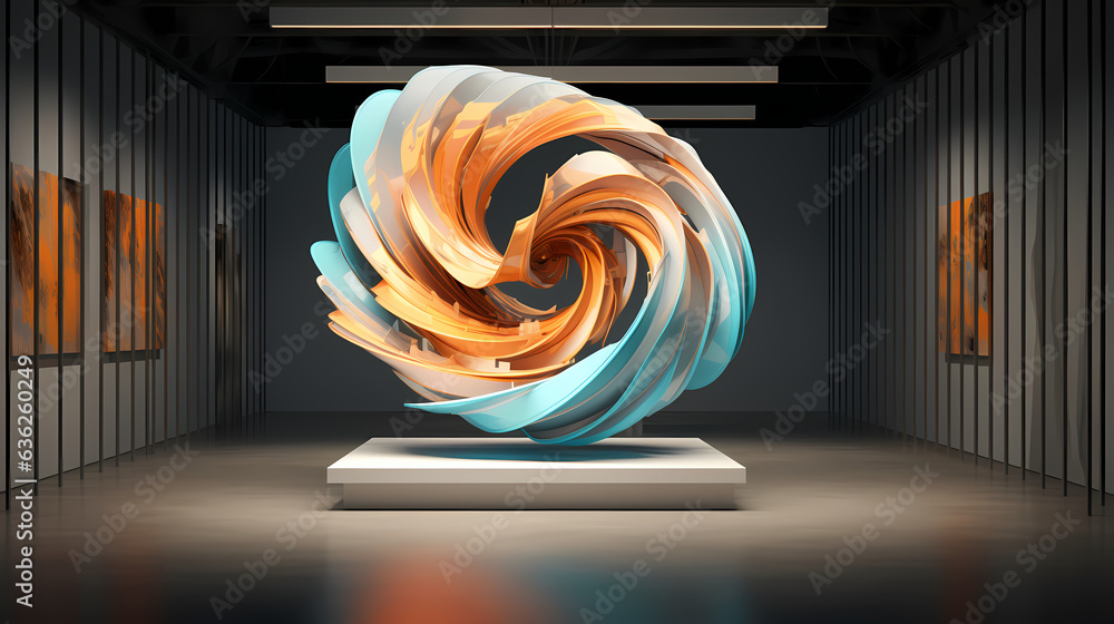 Digital pixel whirl transforming into a 3D sculpture within a gallery ...