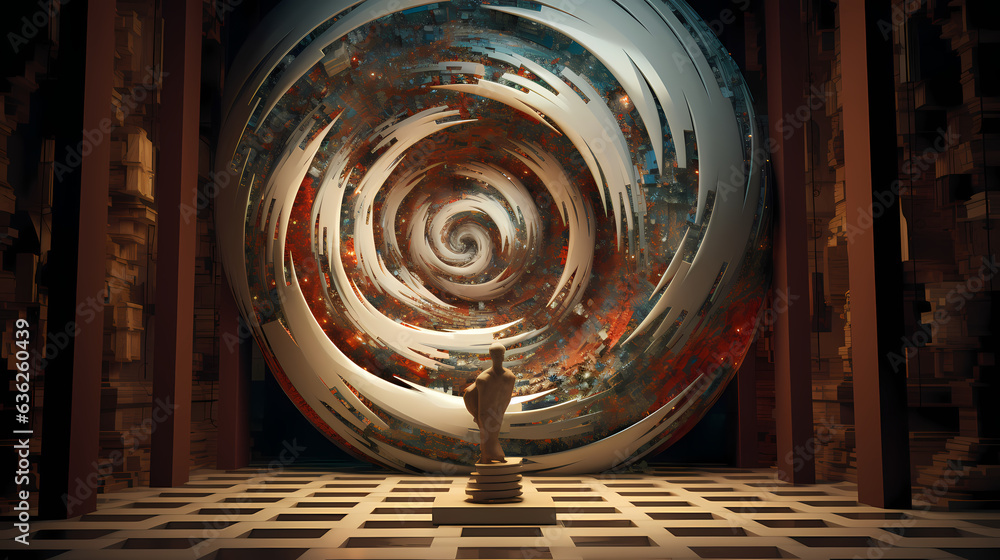 Digital pixel whirl transforming into a 3D sculpture within a gallery ...