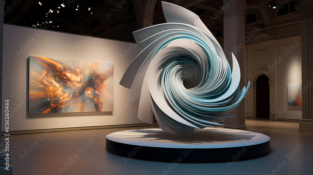 Digital pixel whirl transforming into a 3D sculpture within a gallery ...