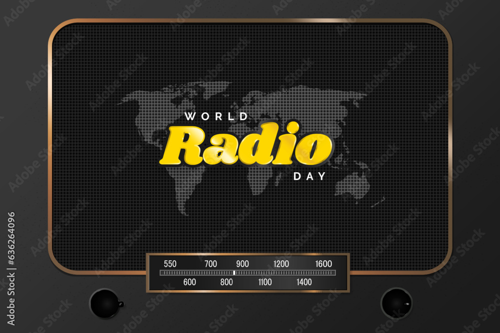 World Radio Day Banner. Radio Speaker mesh with world map white imprint ...