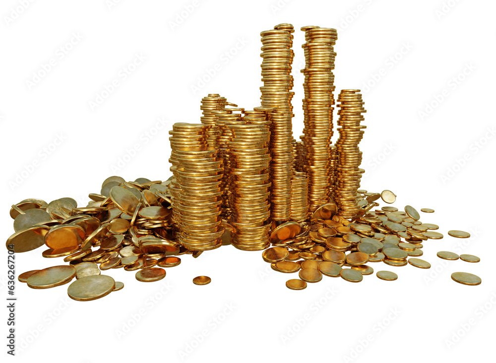 A 3d rendered overlay of a piles of golden coins isolated on a ...
