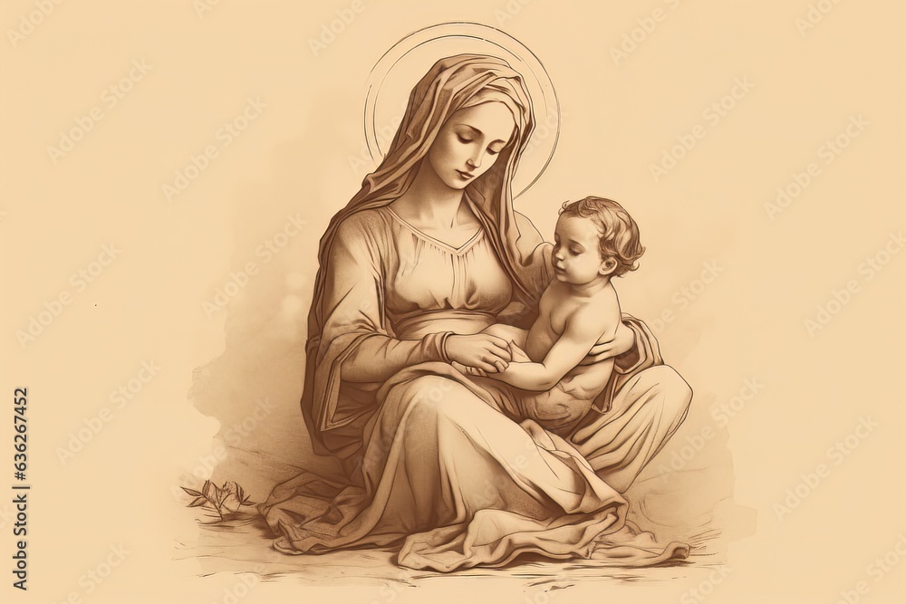 Graphic drawing of the statue of the Orthodox Virgin Mary with the baby ...