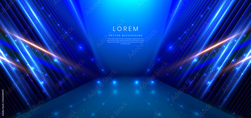 Elegant blue stage background with blue dot neon line and lighting ...
