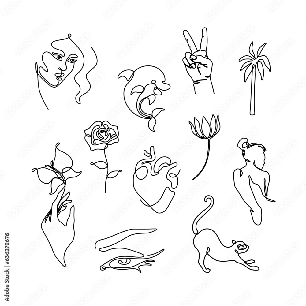 Small flash tattoo set, sticker design pack, continuous line drawing ...