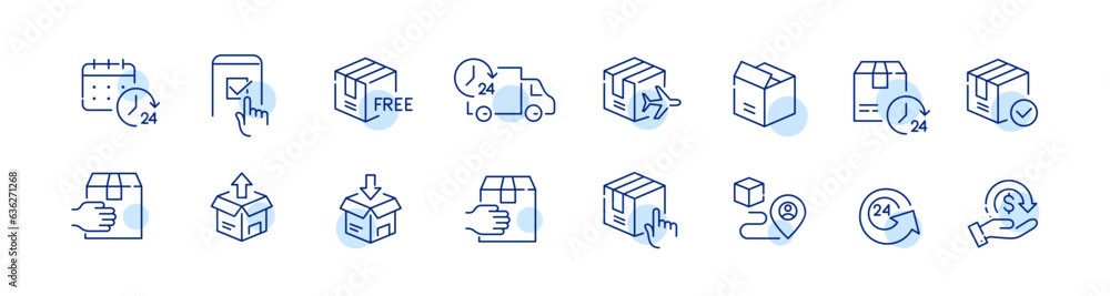 Set of parcel delivery icons. Express 24 hour service, free return and ...
