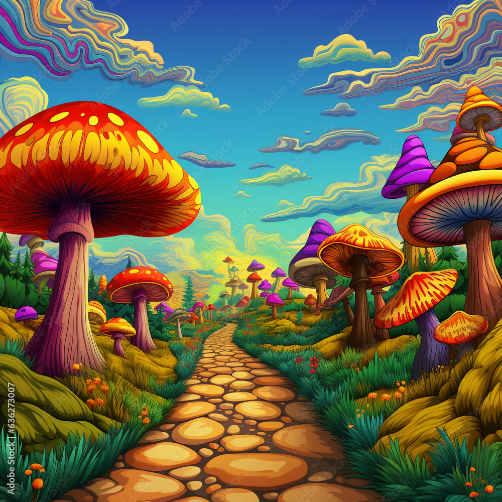 Cartoon nature background with path and mushrooms Stock Illustration ...