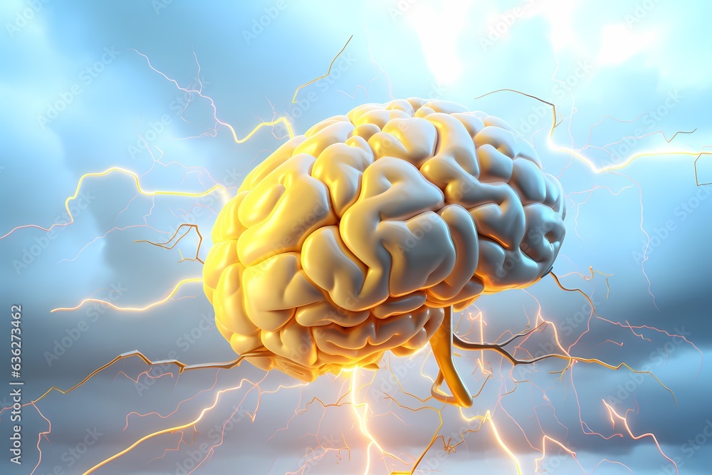 3d model of a brain with lightning, in the style of realism with ...
