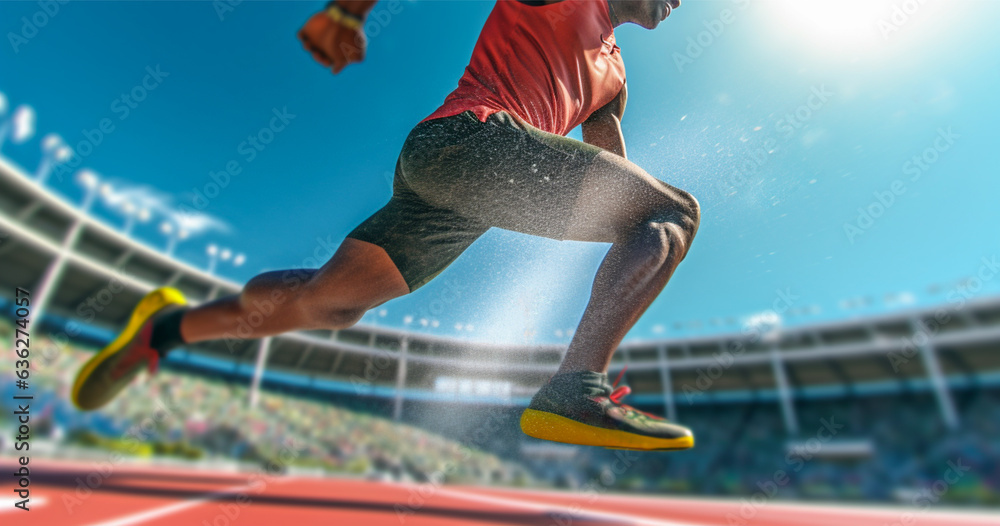 Athlete runner feet running on a treadmill in a stadium. Close-up of a ...