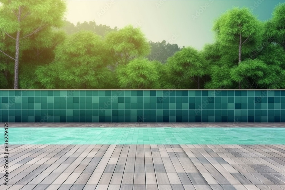 3D-rendered modern pool terrace with wooden floor, green tile swimming ...