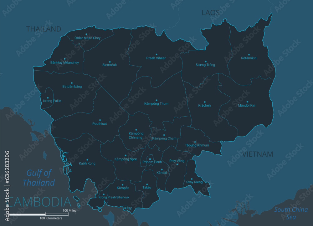 Cambodia map. High detailed map of Cambodia with countries, borders ...