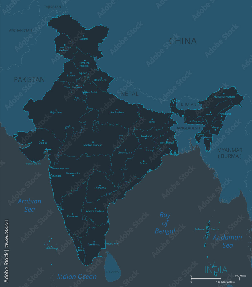 India map. High detailed map of India with countries, borders, cities ...