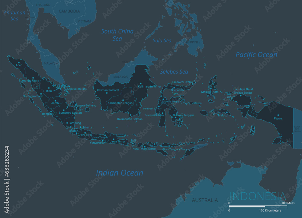Indonesia map. High detailed map of Indonesia with countries, borders ...