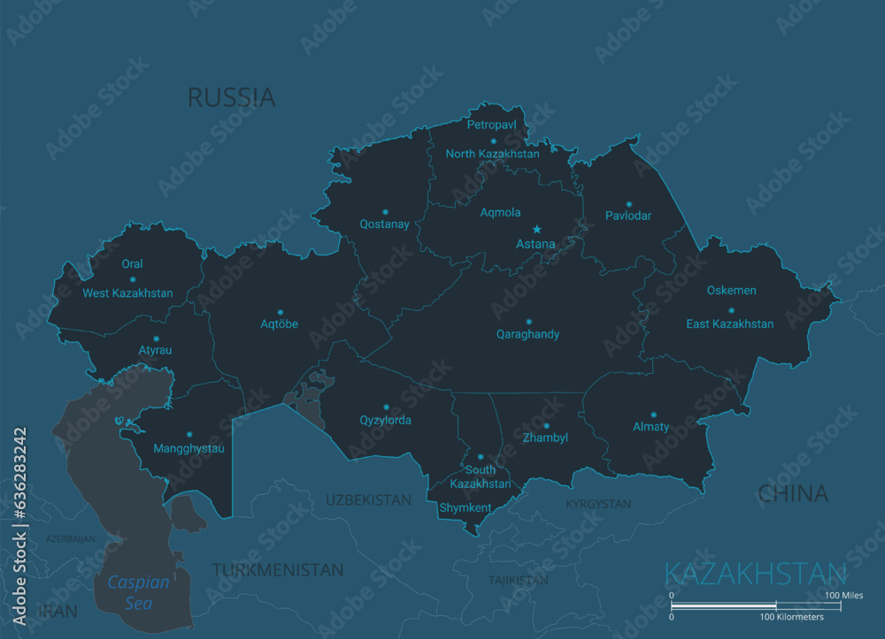 Kazakhstan map. High detailed map of Kazakhstan with countries, borders ...