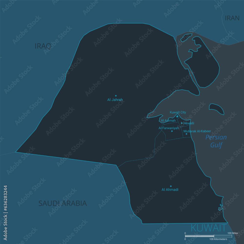 Kuwait map. High detailed map of Kuwait with countries, borders, cities ...