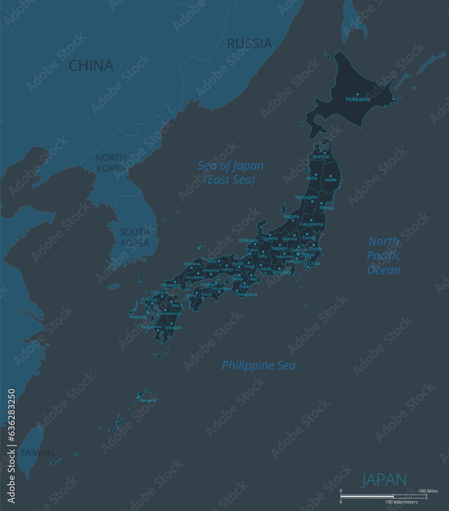 Japan map. High detailed map of Japan with countries, borders, cities ...