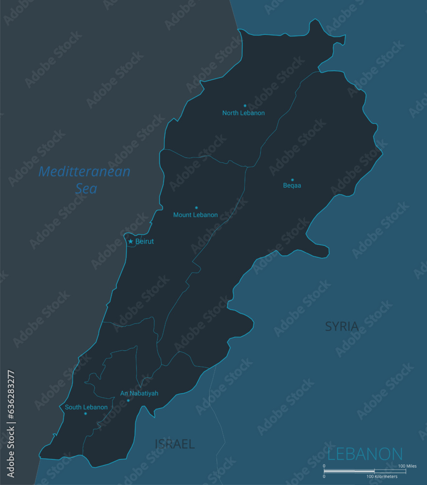 Lebanon map. High detailed map of Lebanon with countries, borders ...